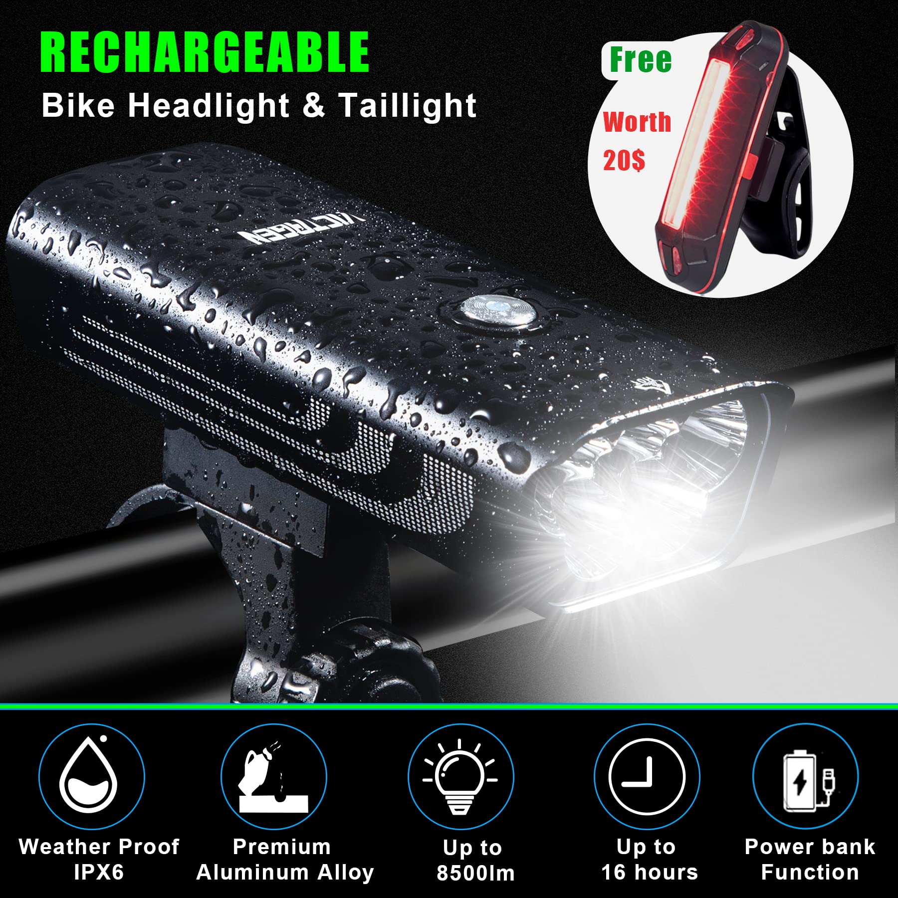VICTAGEN Bike Lights Front Back Rechargeable: 2023 5LED 8500lm Super Bright 12 Modes 15H Bicycle Lights for Night Riding Cycling Road Mountain