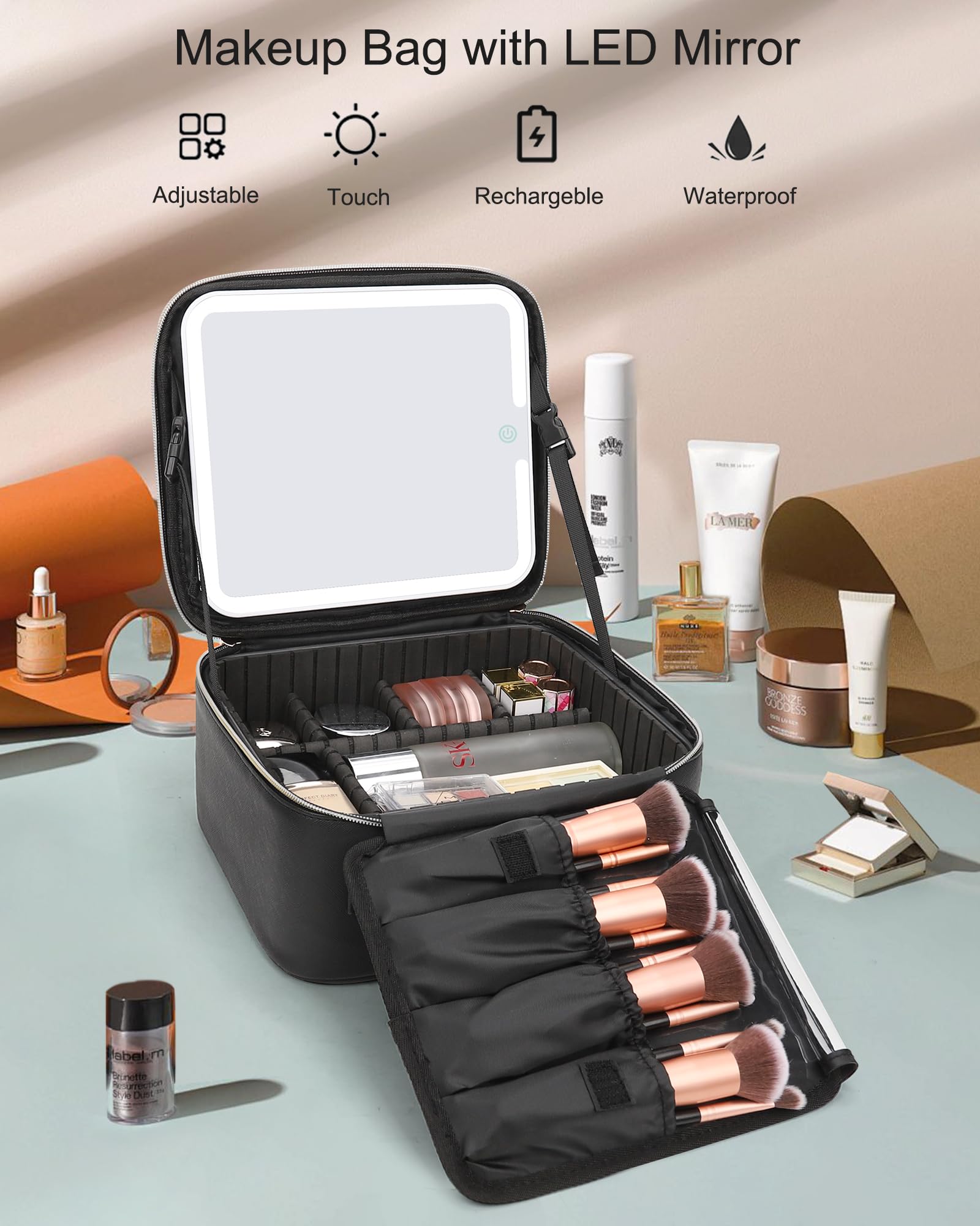 Relavel Makeup Organizer Bag, Makeup Case Leather Travel Makeup Bag 2 Layers Train Case Large Cosmetic Case Portable with Adjustable Dividers Makeup Brushes Holder Storage Box (Small Black)