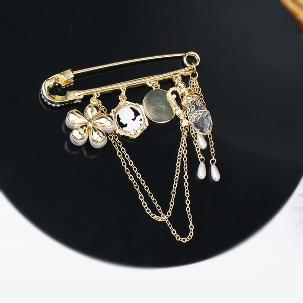 Vintage Imitating Pearl Lucky Number Five Brooch Pin with Hanging Chain Jewelry for Women