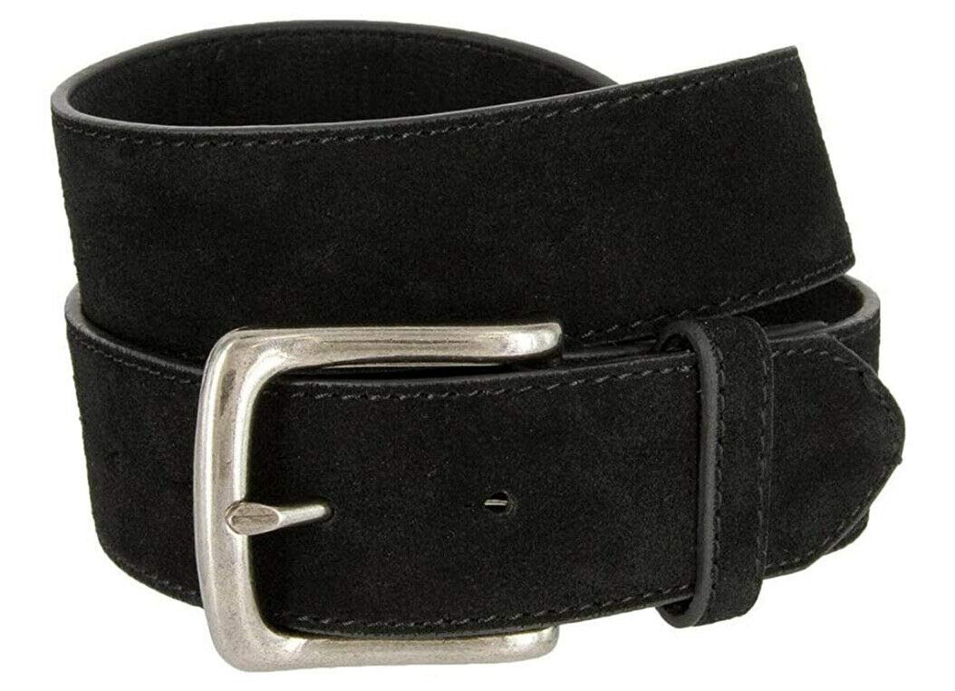 Men's Belt Rounded Edge Heel Bar Buckle Casual Jean Suede Leather Belt 1 1/2" Wide (Tan, 34)