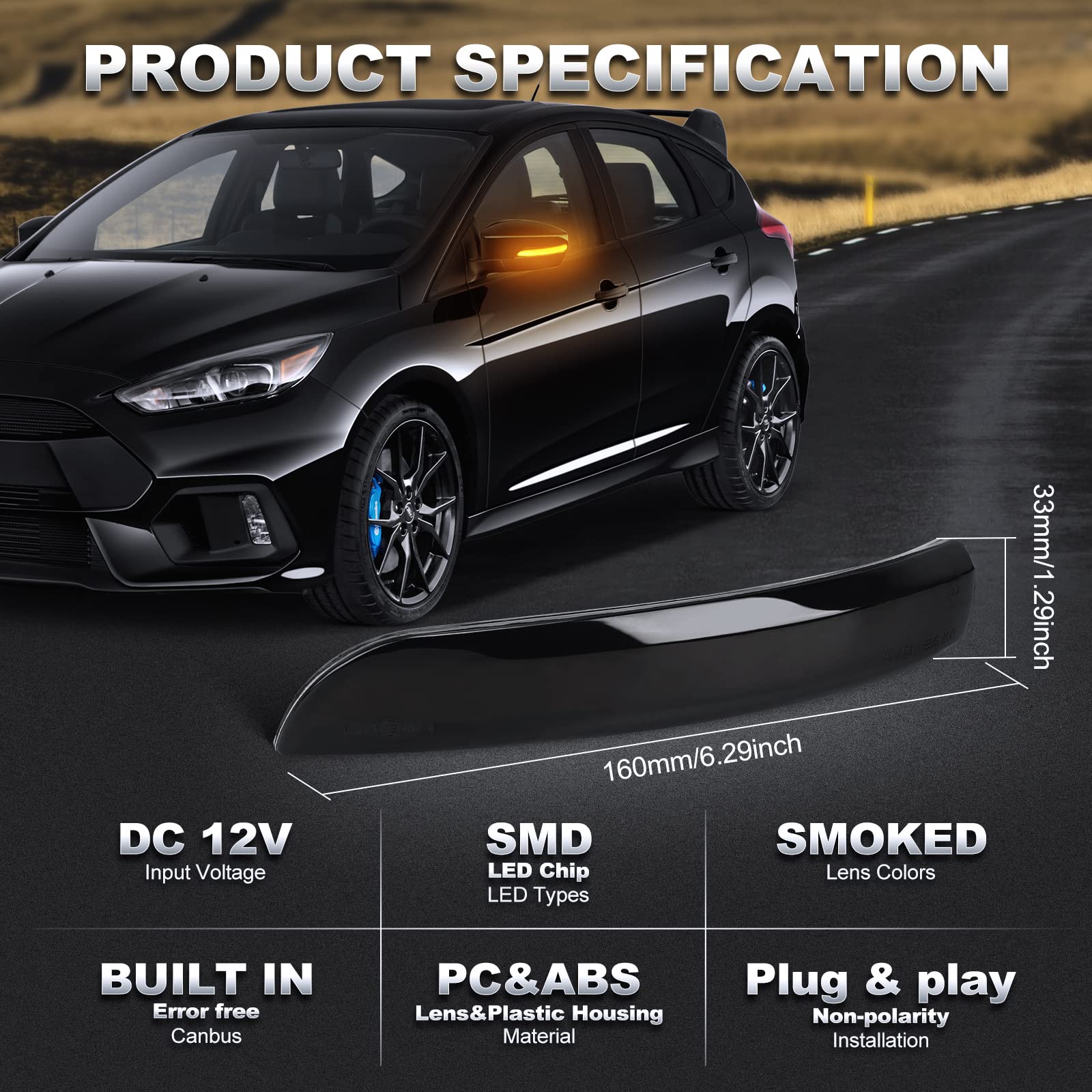 SUPAREE LED Turn Signal Light Side Mirror Marker Light Dynamic Sequential Side Mirror Turn Signal Replacement for 2012-2018 Ford Focus 3 MK3 SE ST RS, 2013-2018 Escape/Kuga Ecosport, 2013-2017 C-Max