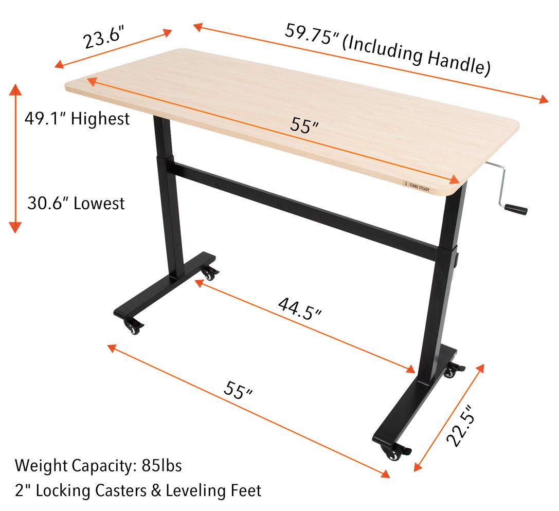 Stand Steady Tranzendesk | 55 Inch Standing Desk with Detachable Wheels | Crank Height Adjustable Sit to Stand Workstation | Modern Ergonomic Desk Supports 3 Monitors (Maple)