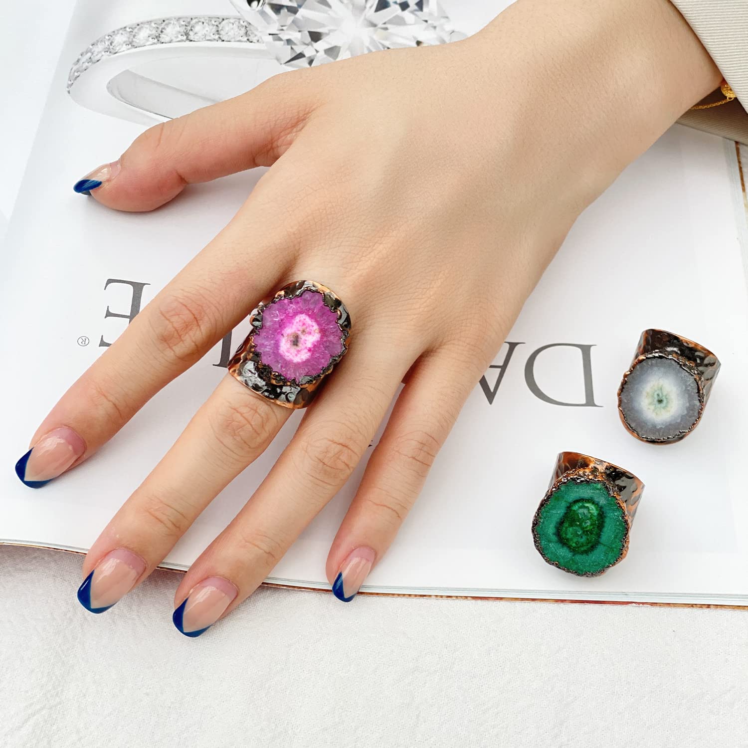 VIENNOIS Natural Purple Agate Slices Ring Vintage Quartz Crystal Stone Adjustable Open Wide Gemstone Ring Handmade Jewelry (Purple)
