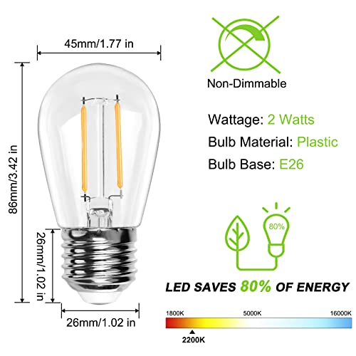 ROMANJOY 25 Pack S14 LED Replacement Bulbs, Shatterproof String Light Bulbs, 2200K Non-Dimmable, 2W Equivalent to 20W, E26 Base Edison LED Light Bulbs for Outdoor Patio Garden Vintage Lights