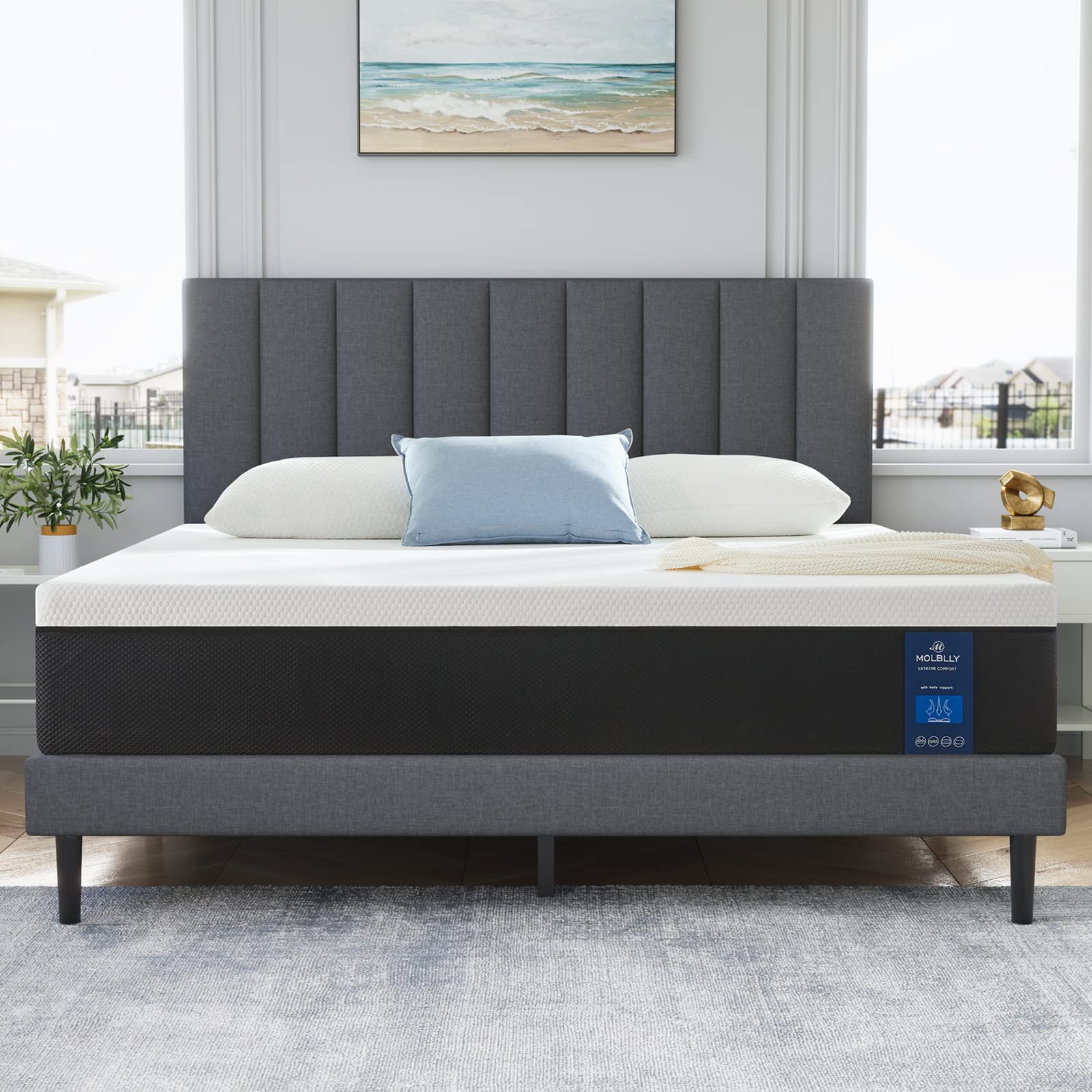 Molblly 10 Inch Queen Memory Foam Mattress + 42 Inch Platform Bed Frame (Grey)…