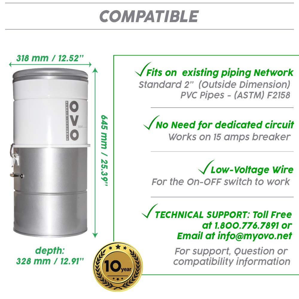 OVO AW Large and Powerful Central Vacuum System, Hybrid Filtration (with or Without Disposable Bags) 25L or 6.6 Gal, 700 Air watts and 40 ft Deluxe Accessory Kit Included, White and Silver