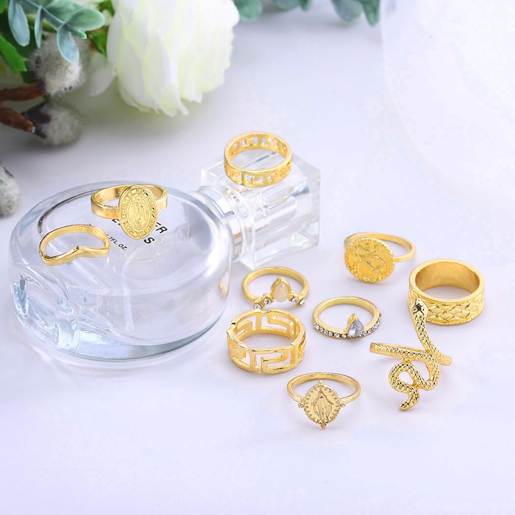 Nicute Gold Ring Set Rhinestone Finger Rings Vintage Knuckle Stackable Shiny Rings Accessories for Women (10PCS)