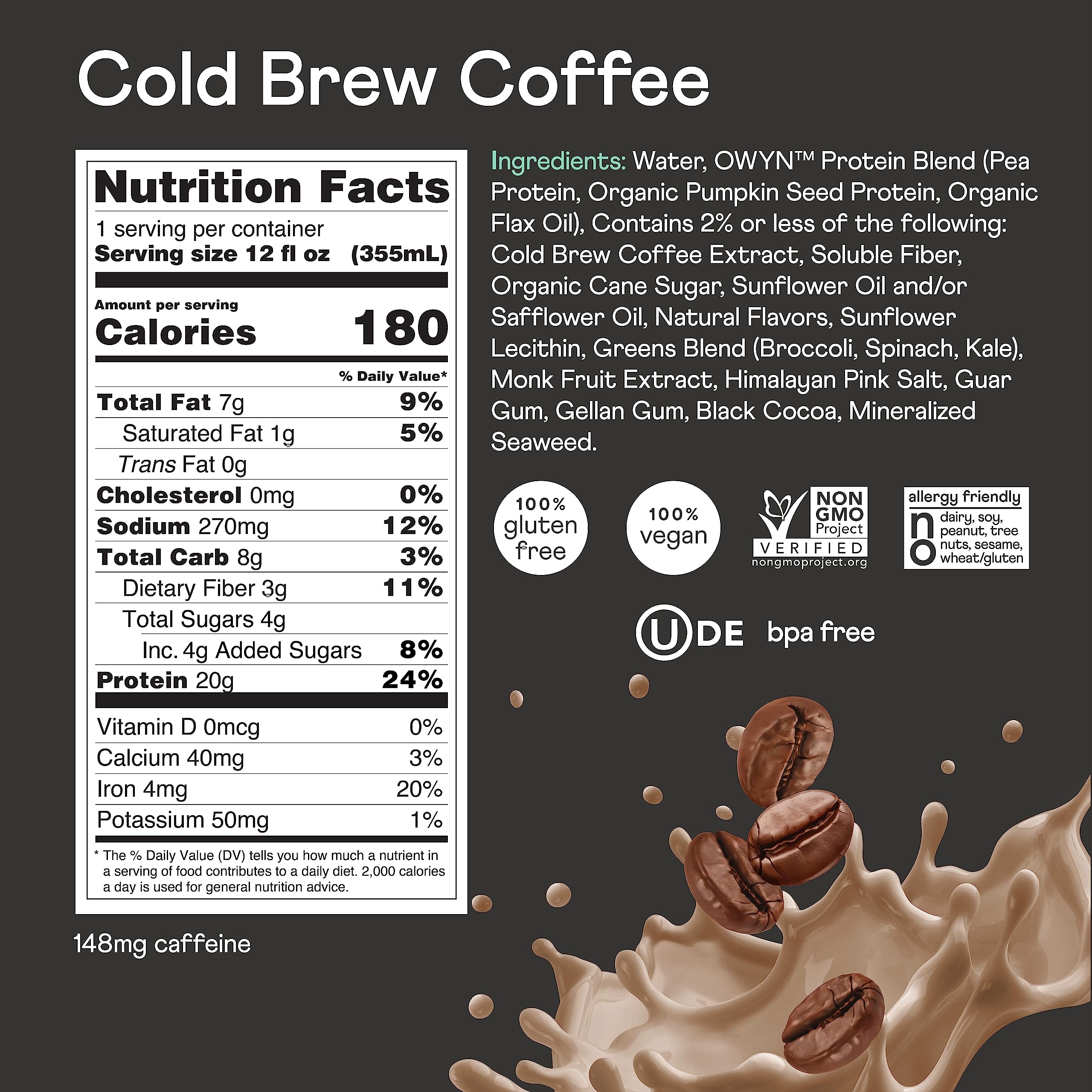 OWYN Only What You Need Vegan Plant-Based Protein Shake, Cold Brew Coffee, 12 Pack, with 20g Plant Protein, Omega-3, Prebiotic supplements, Superfoods Greens Blend, Gluten-Free, Soy-Free, Non-GMO