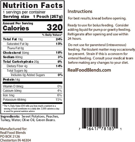 Tube feeding formula Turkey, Sweet Potatoes & Peaches Pureed Blended Meal for Feeding Tubes, 9.4 oz Pouch (Pack of 12 Pouches)