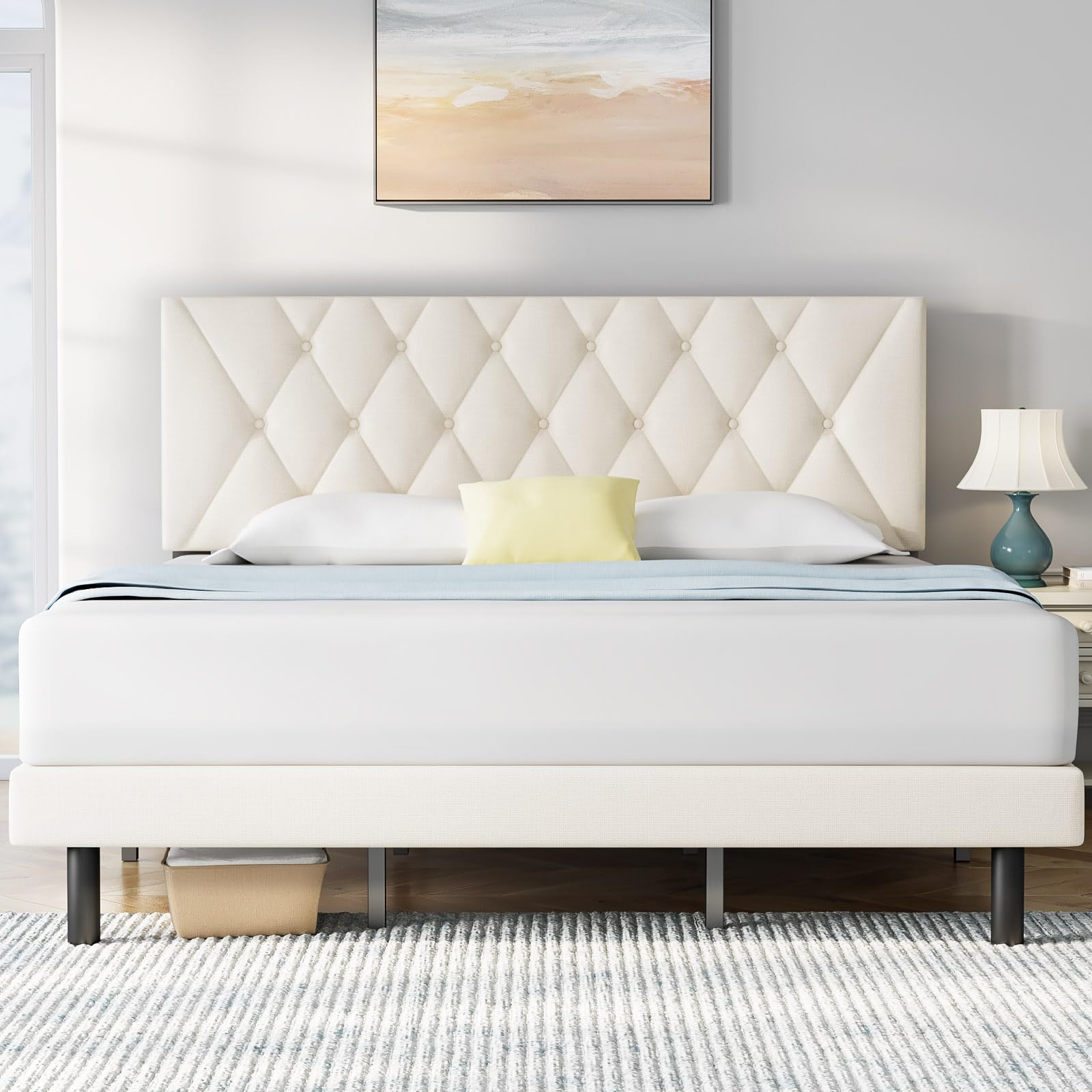 Molblly Full Size Bed Frame with Adjustable Headboard, Linen Fabric Wrap, Strong Frame and Wooden Slats Support, No Box Spring Needed, Non-Slip and Noiseless, Easy Assembly, Beige