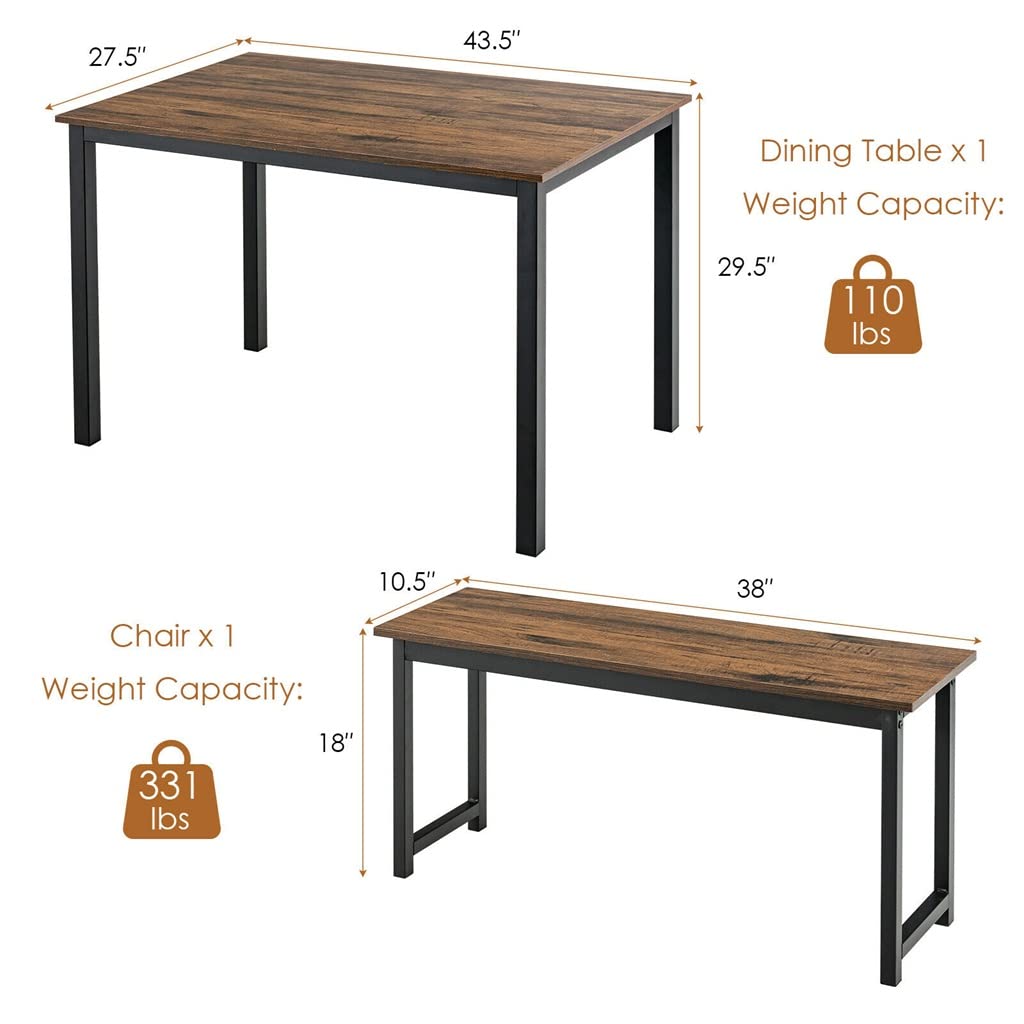 MJWDP 3 Piece Dining Table Bench Set with Wooden Top and Metal Frame Furniture Set
