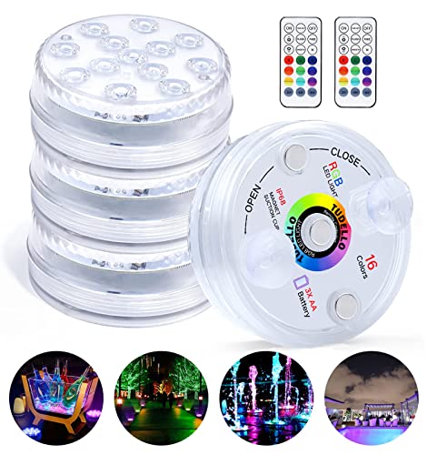TUDELLO RF Remote Submersible LED Lights with Magnet and Suction Cups, IP68 Waterproof, Underwater Timing with Pool Light, 3.35 Inch (4 Pack)