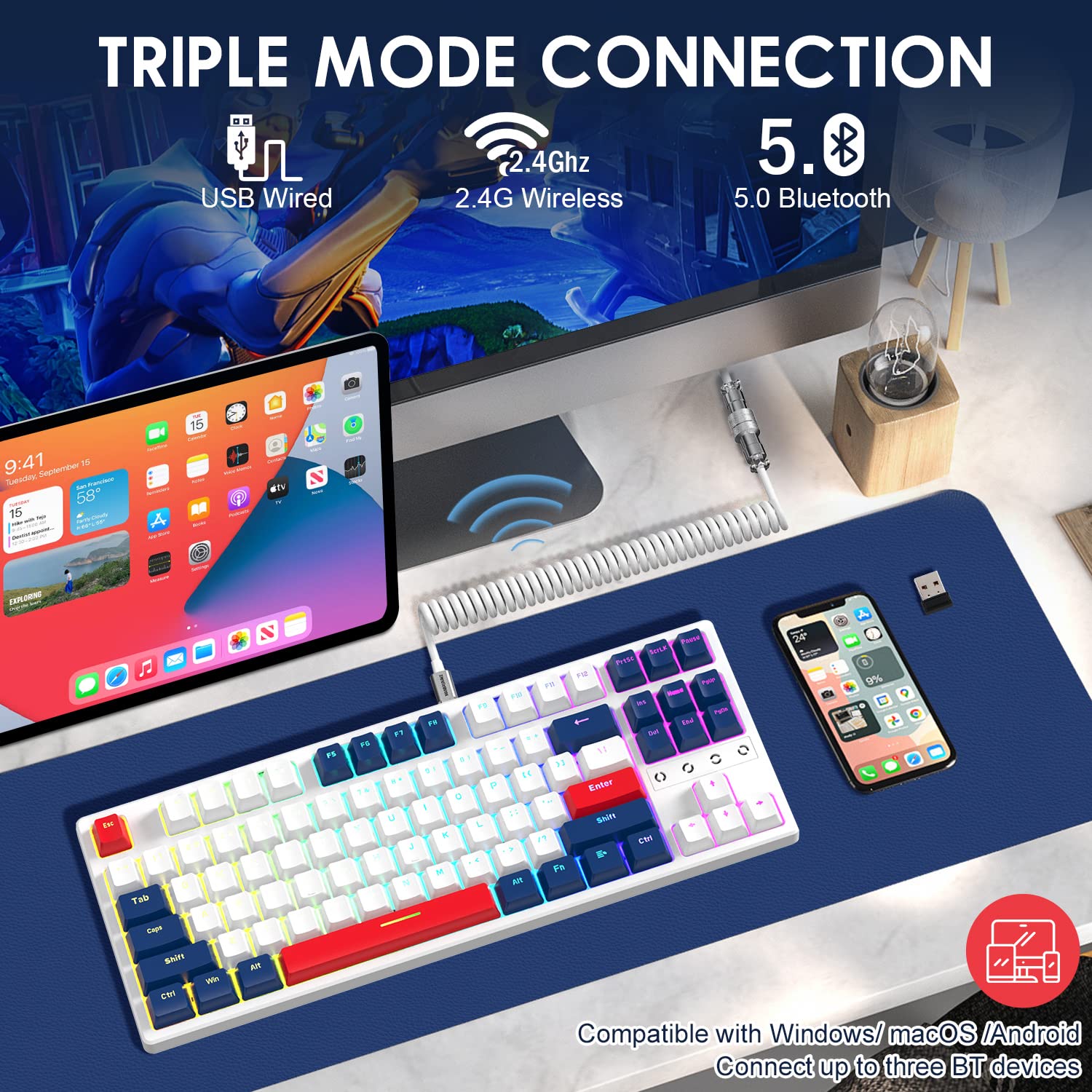 Wireless Gaming Keyboard and Custom Coiled USB C Cable,Triple Mode 2.4GHz/BT 5.0/USB-C,TKL Hot Swappable Mechanical Keyboard Yellow Switches,Rechargeable 3000mAh for PC PS5 PS4 Xbox-2 in 1 Kit