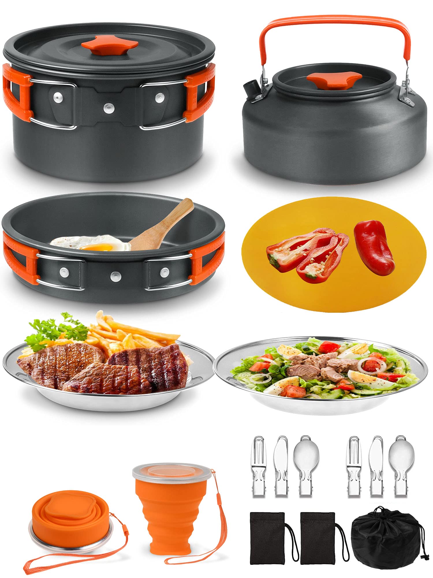 Outdoor Ultralight Camping Cookware Mess Kit with 1.1L Kettle, Pot, Pan, 2 Plates, 2 Foldable Cups, 2 Fork Spoon Kits, Chopping Board, Camping Cooking Set for Outdoor Backpacking Hiking Picnic Fishing