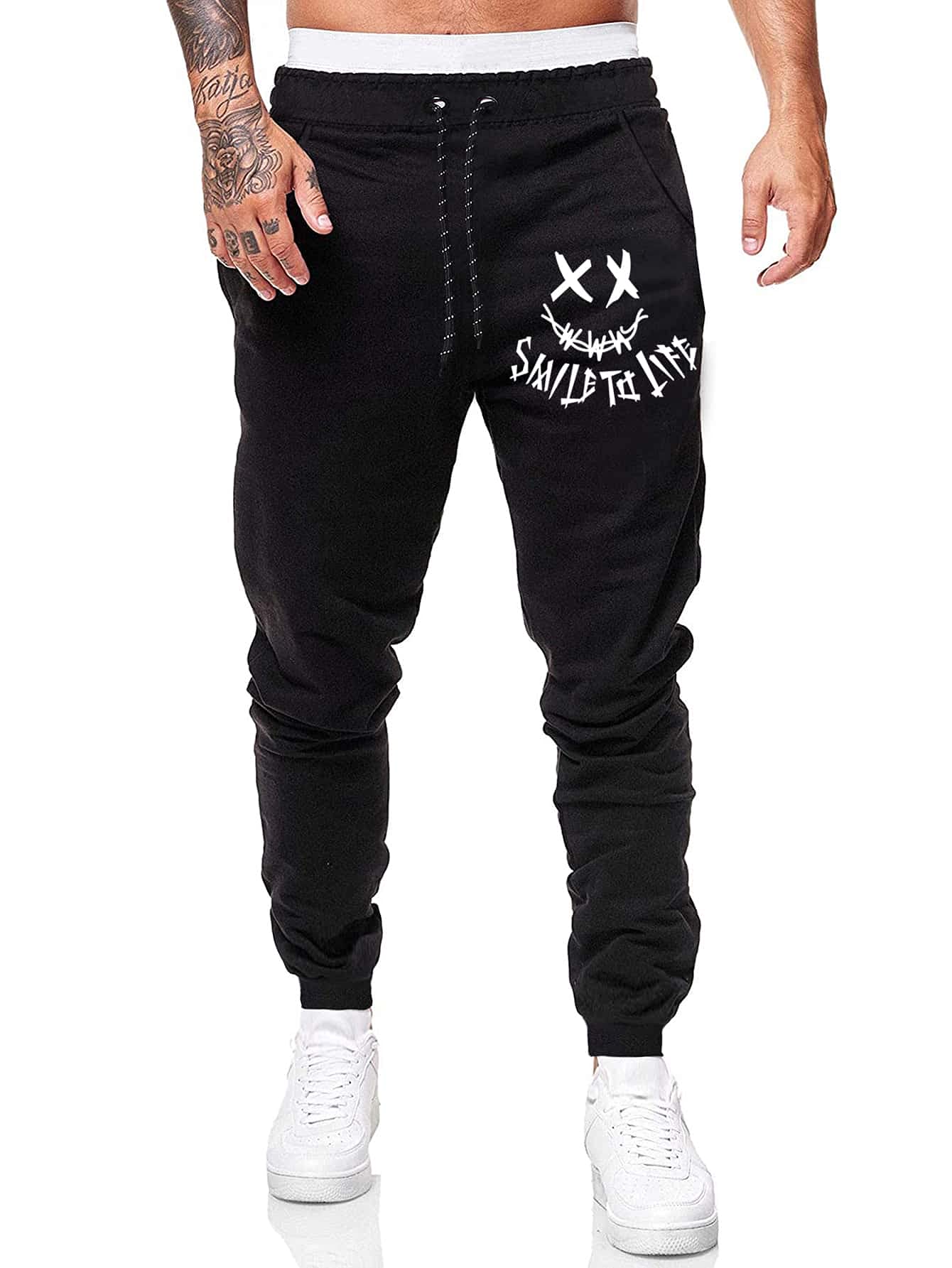 Romwe Men's Graphic Sweatpants Athletic Running Gym Jogger Pants with Pocket Black L