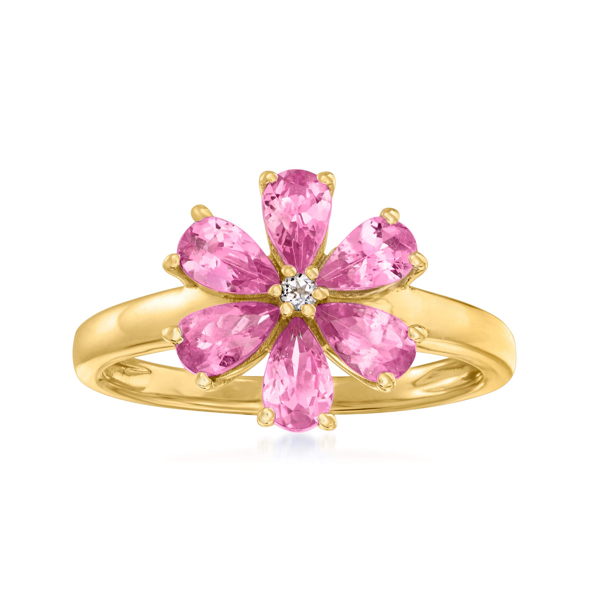 Ross-Simons 1.30 ct. t.w. Pink Tourmaline Flower Ring With White Topaz Accent in 18kt Gold Over Sterling. Size 6