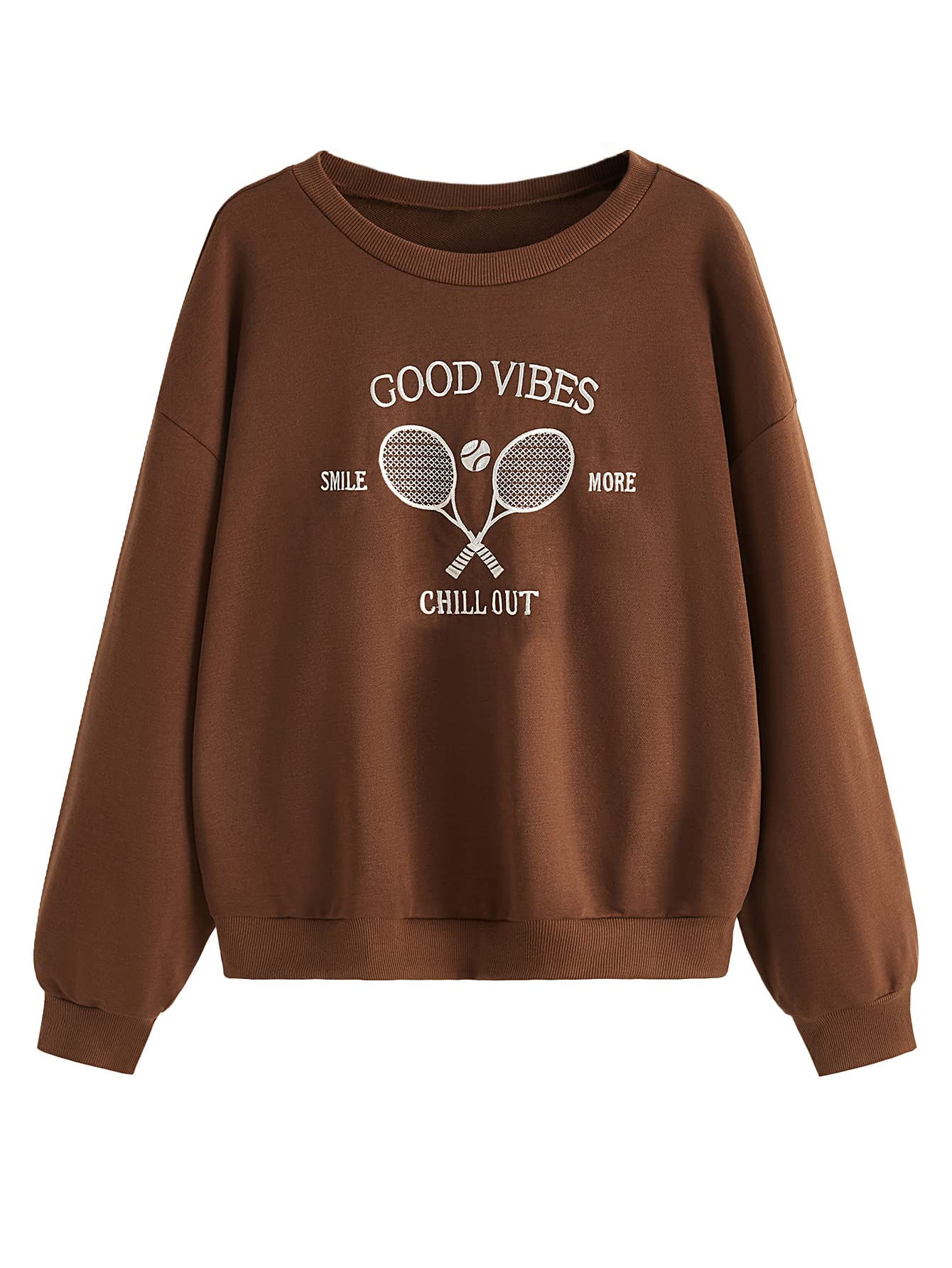 SweatyRocks Women's Casual Sweatshirt Long Sleeve Graphic Print Pullover Tops Coffee Brown L
