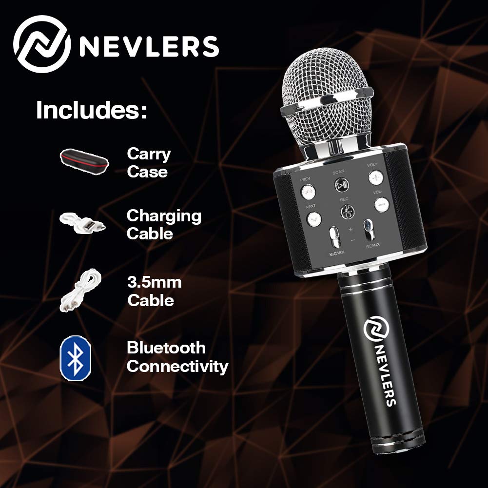 Nevlers Mockins Black Bluetooth Karaoke Microphone for Kids with Bluetooth Speaker| Wireless Microphone Karaoke Compatible with iPhone & Android| Bluetooth Microphone Wireless