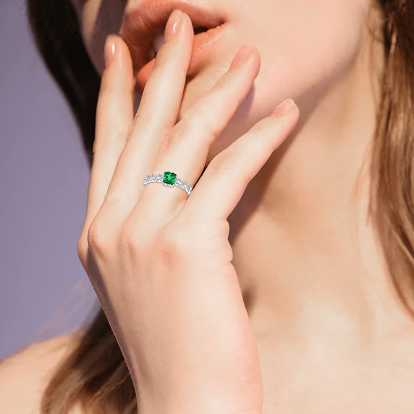 TUGHRA Emerald Ring - Sterling Silver Green Vintage Gem Birthstone Ring, Cubic Zirconia Leaf Ring, Adjustable Branch Ring Jewelry For Women, Mother's Day Gift