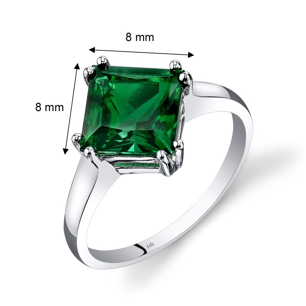 PEORA Created Emerald Classic Solitaire Ring for Women in 14K White Gold, 2 Carats Princess Cut 8mm, Comfort Fit, Size 9