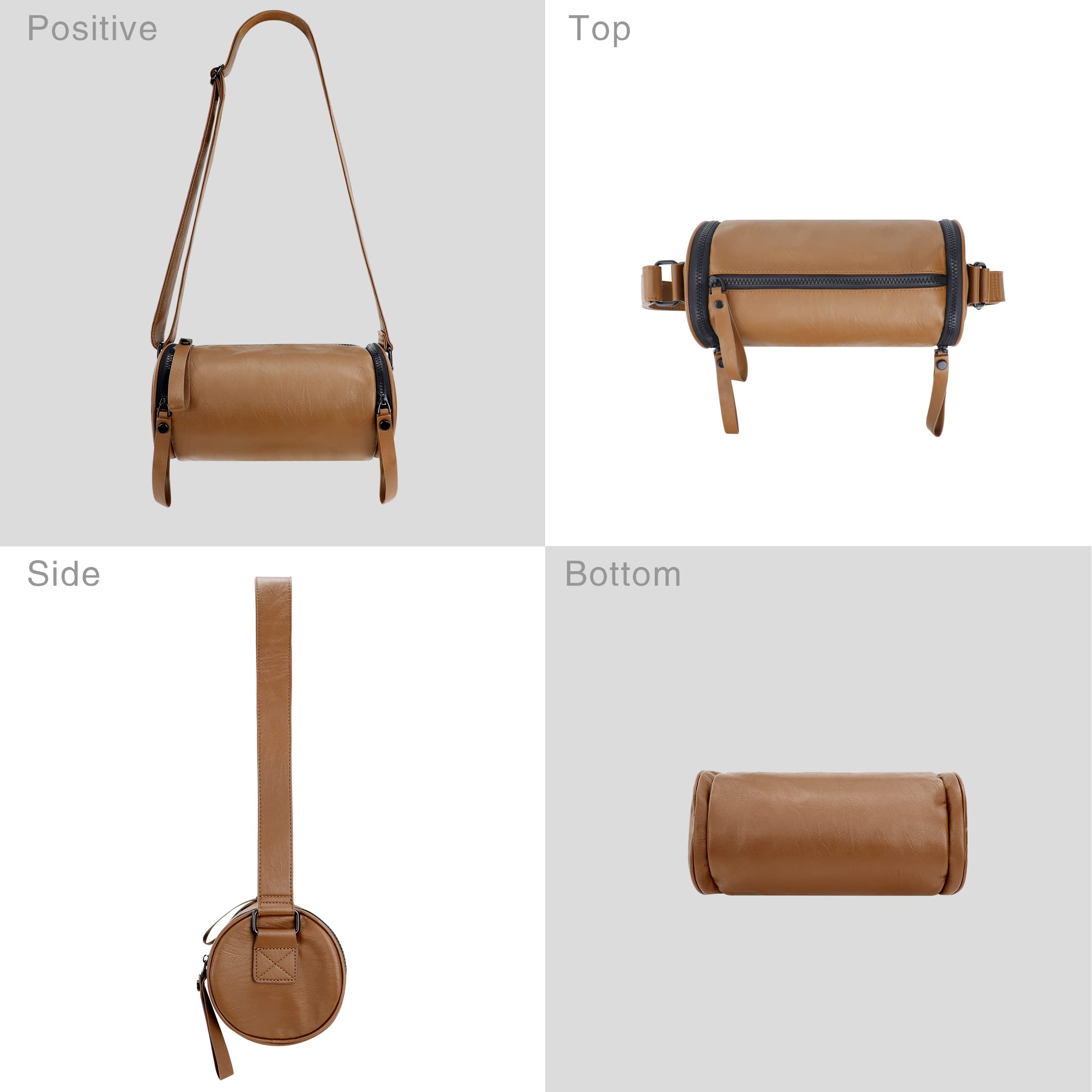 Whale Power Crossbody Bag Soft Leather Cylindrical Adjustable Strap Shoulder Purse with Side Pockets for Women Brown