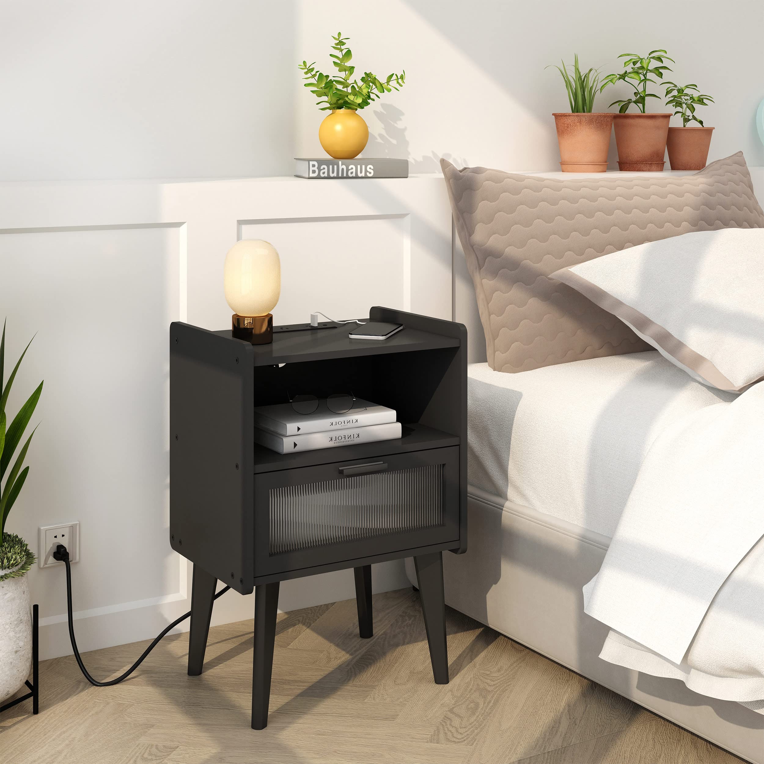 MMEOLUOOK Nightstand with Charging Station, Bedside Tables, End Table Side Table with 2 Tiers Storage Space, for Bedroom, Living Room, Black MLBZ07BE