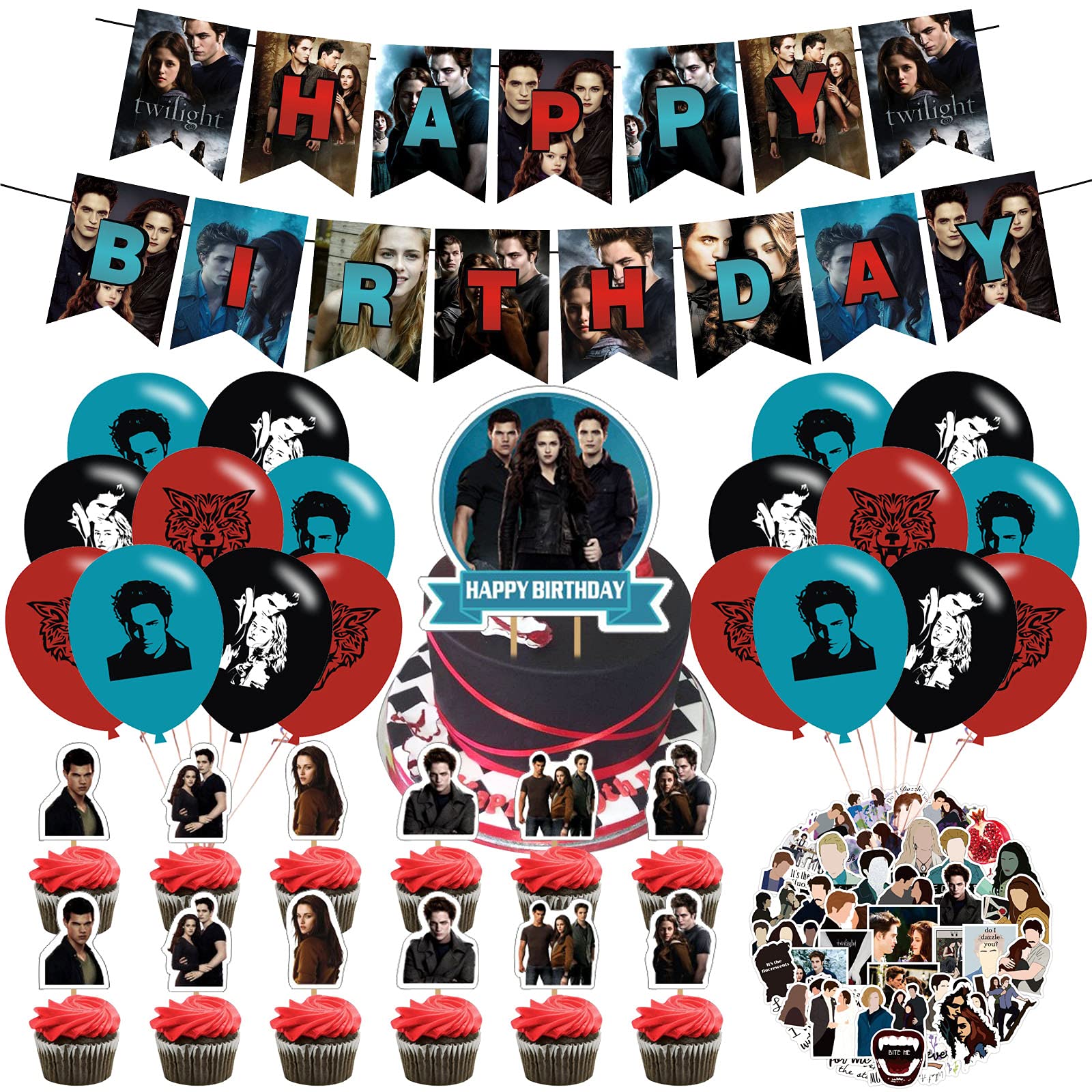 The Twilight Saga Theme Birthday Party Decorations,The Twilight Saga Party Supply Set for Kids with 1 Happy Birthday Banner , 12 Cupcake Toppers,50 Stickers ,18 Balloons for Party Decorations