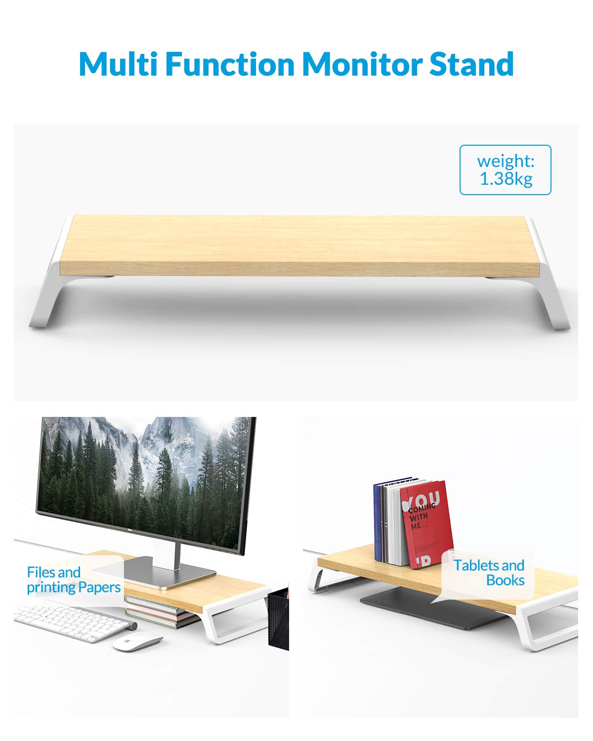 ORICO Wood Monitor Stand, Computer Riser with Keyboard Storage Space for PC, Laptop, Printer, Home Office Desk Organizer