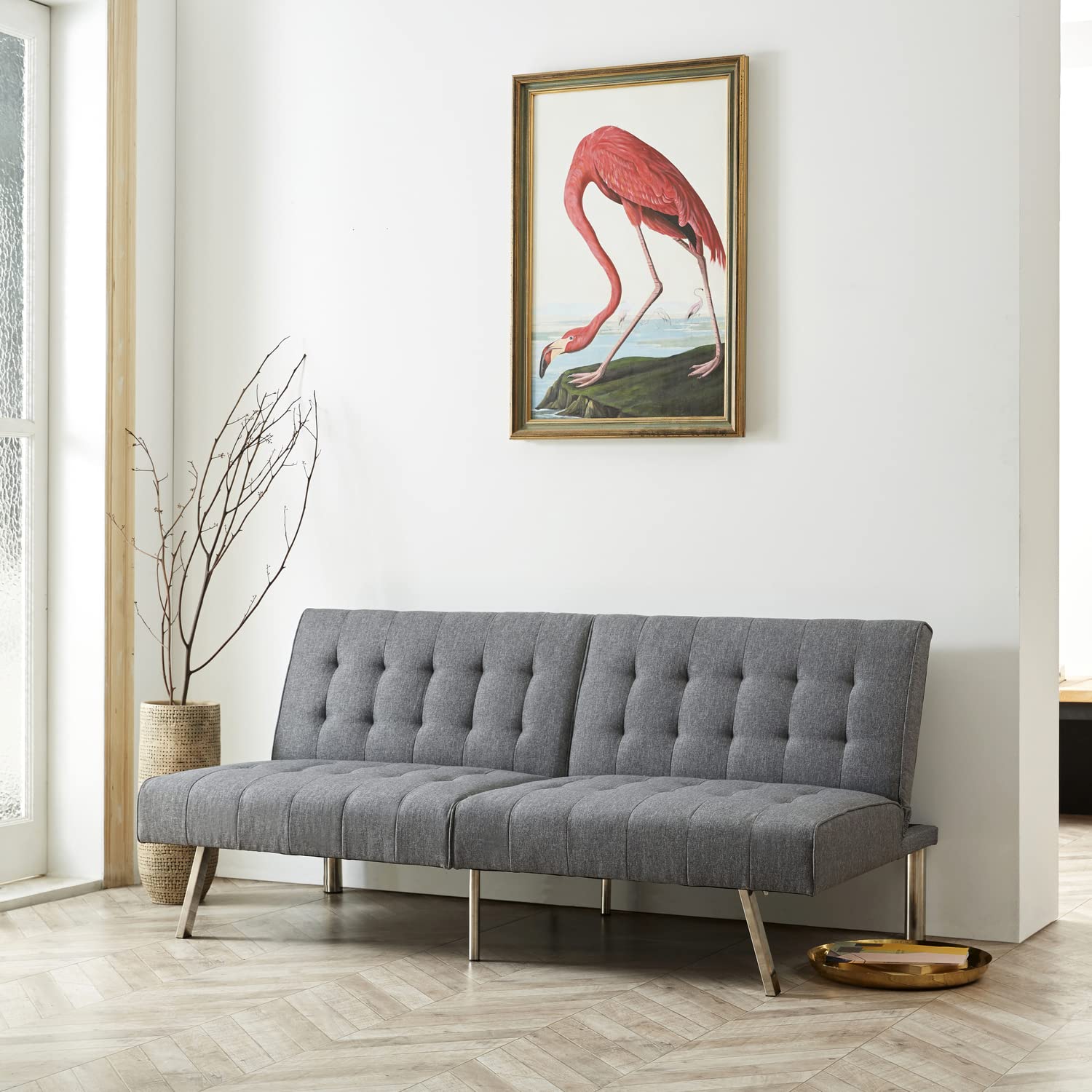 Naomi Home Tufted Futon Sofa Bed Pull Out Sofa Bed Couch Convertible with Wooden Legs, Folding, Reclining Small Couch Bed, Futon Bed for Living Room (Gray, Tufted Split Back/Linen)