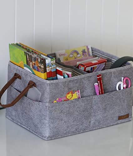 Pazar Kapısı Felt Mixed Fabric Baby Diaper Caddy Organizer 9 Compartments With Leather Handles - Baby Clothes Organizer - Nursery Storage Bin and Car Organizer for Diapers And Baby Wipes (grey)