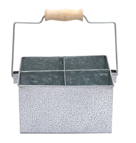 THE ARTIQUE Handmade Farmhouse Galvanized Metal Condiments Square Caddy with Silver Texture and Foldable Handle for KItchen Utenlsils, Dinning Table, Silverware, Picnic, Party Etc-SILVER ANTIQUE