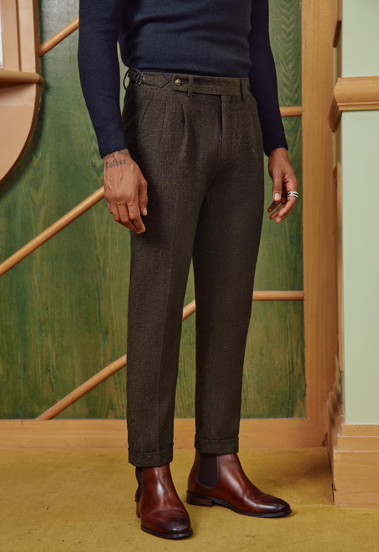 Mens Classic Italian Tweed Pants Double Pleated Adjustable Herringbone Trousers Brown