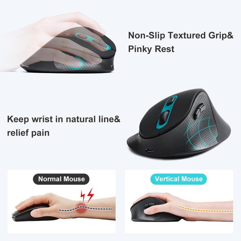 SANWA Bluetooth&Type-C/2.4G Ergonomic Mouse, Optical Vertical Computer Mice, Programmable, 800/1200/1600 DPI, Compatible with MacBook, Laptop, Windows, Mac OS, Android, Reduce Strain,25°Tilt High type