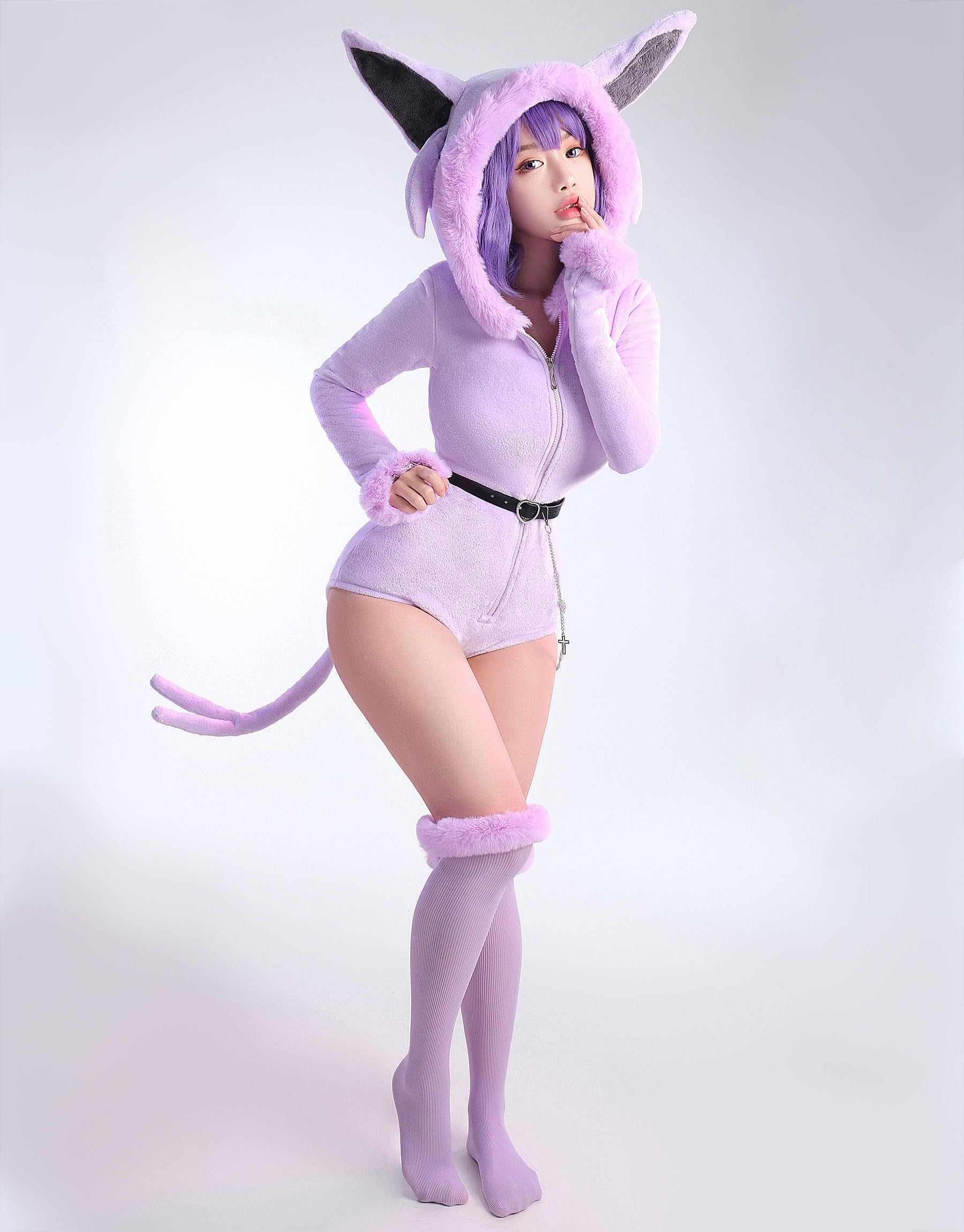 Mobbunny Anime Derivative Romper Onesie Pajamas Bodysuit with Tail Belt and Socks Fluffy Bodycon Hooded Jumpsuit (purple, small)