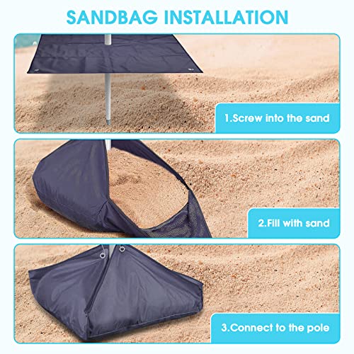 wikiwiki 7FT Beach Umbrella with Table & Sand Bags, Portable SPF60+ Protection Sunshade Umbrella with Sand Anchor, Sand Bags, Cup Holder, Carry Bag for Outdoor Patio Sand Beach (Ocrean Blue)