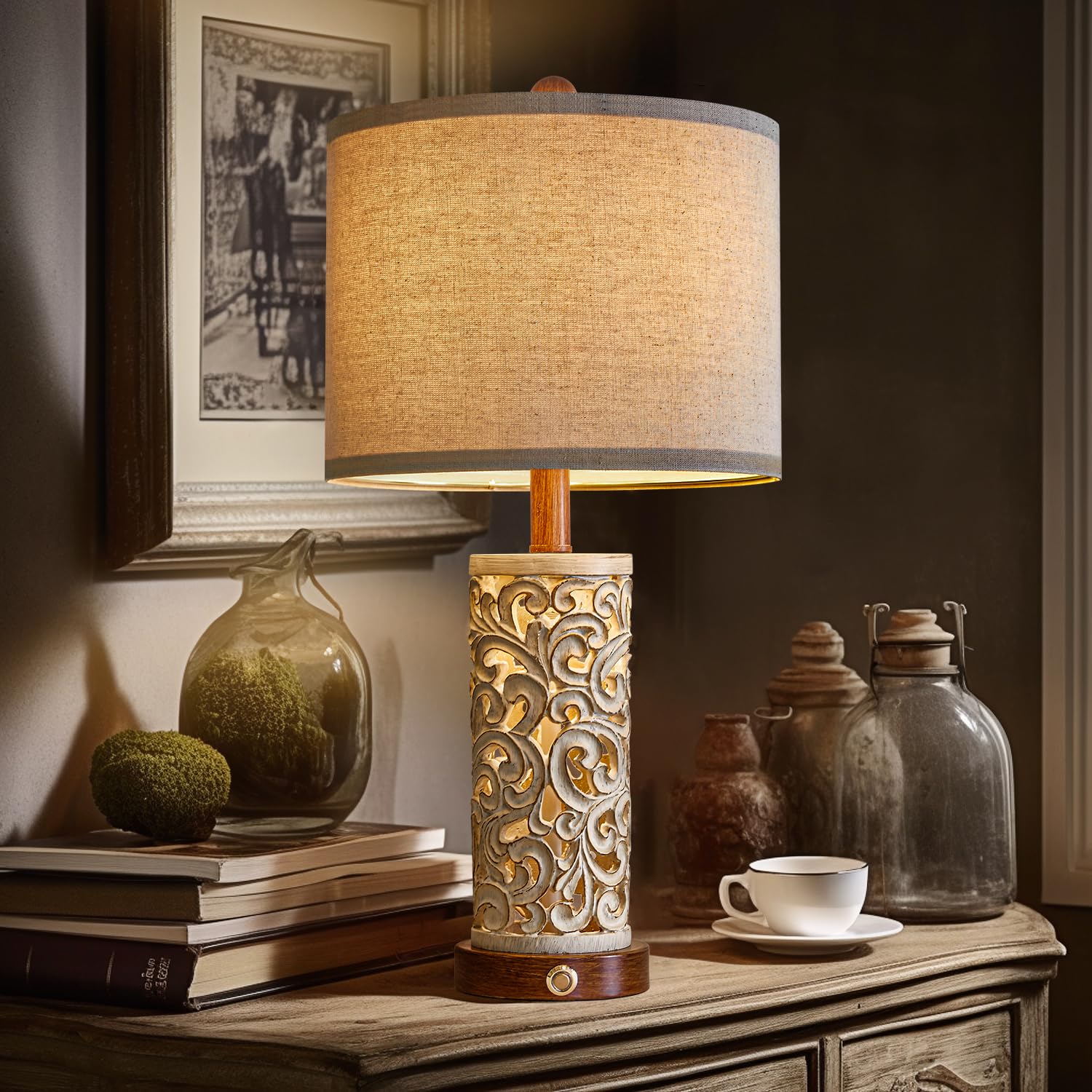 OYEARS 3-Way Dimmable 22'' USB A+C Touch Control Table Lamp with Nightlight for Living Room Bedroom Farmhouse Bedside Nightstand Lamps (1 Bulbs and 1 Built-in LED Beads Included)…