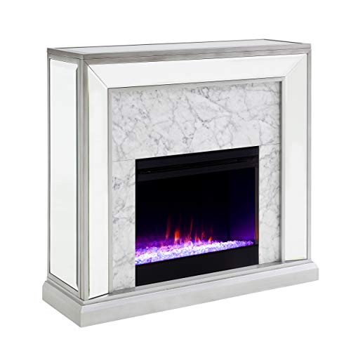 SEI Furniture Trandling Mirrored & Faux Marble Color Changing Electric Fireplace, Antique Silver-White Marble