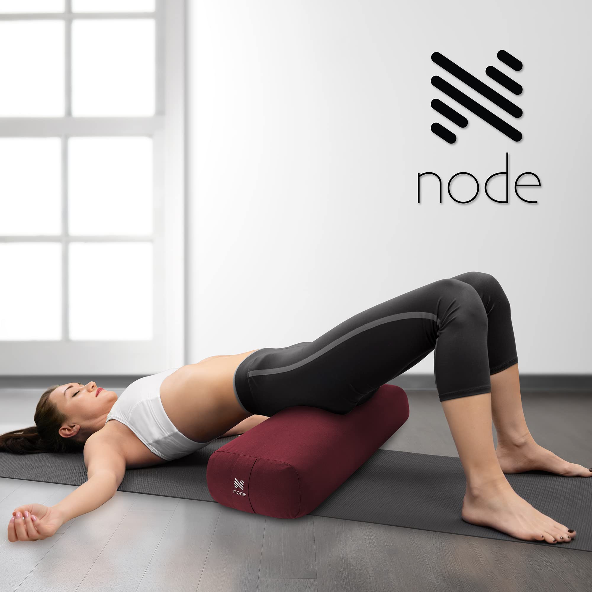 Node Fitness Yoga Meditation Cushion, 25" x 12" Rectangular Bolster with Organic Cotton Cover - Burgundy