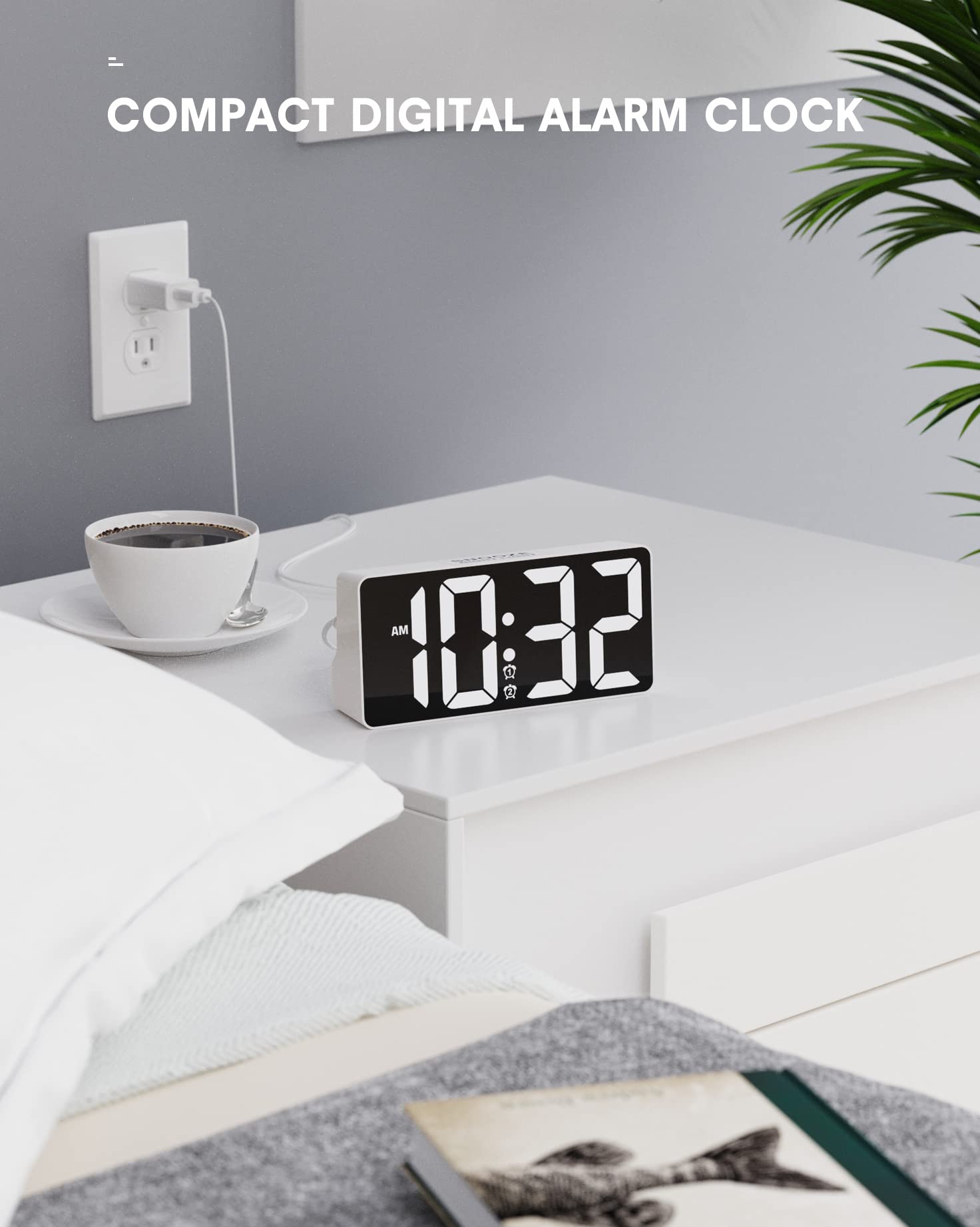 Mesqool Digital Alarm Clock for Bedroom, White, 7-Inch Screen, Adjustable Brightness, Loud Alarm, USB Charger, 12H/24H Time Format, Night Light, Dual Alarms, 18-Month Warranty