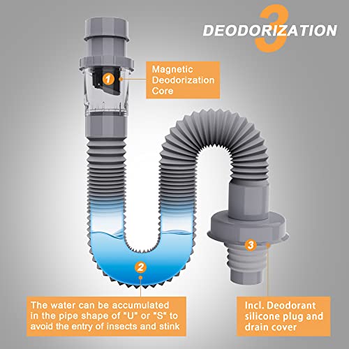 Vataler Anti-Odor Flexible Sink Drain Kit 1 1/4 For Bathroom Sink & Kitchen, Expandable P Trap Universal Drain Flex-Drain Tubing, Total Length 19-44 Inch (Gray)