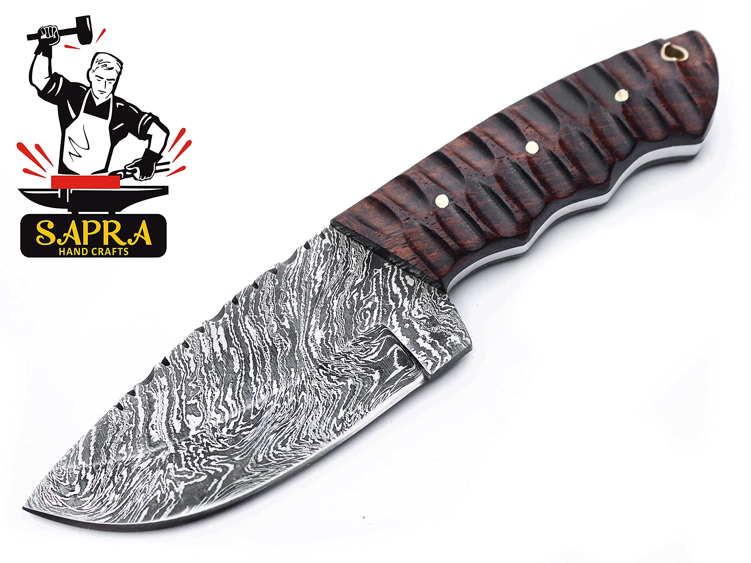 Sapra Custom Made Forged Damascus Steel Hunting Knife Fixed Blade EDC Survival Tactical Camping Skinner/Skinning Knife with Leather Sheath P-1943-RW