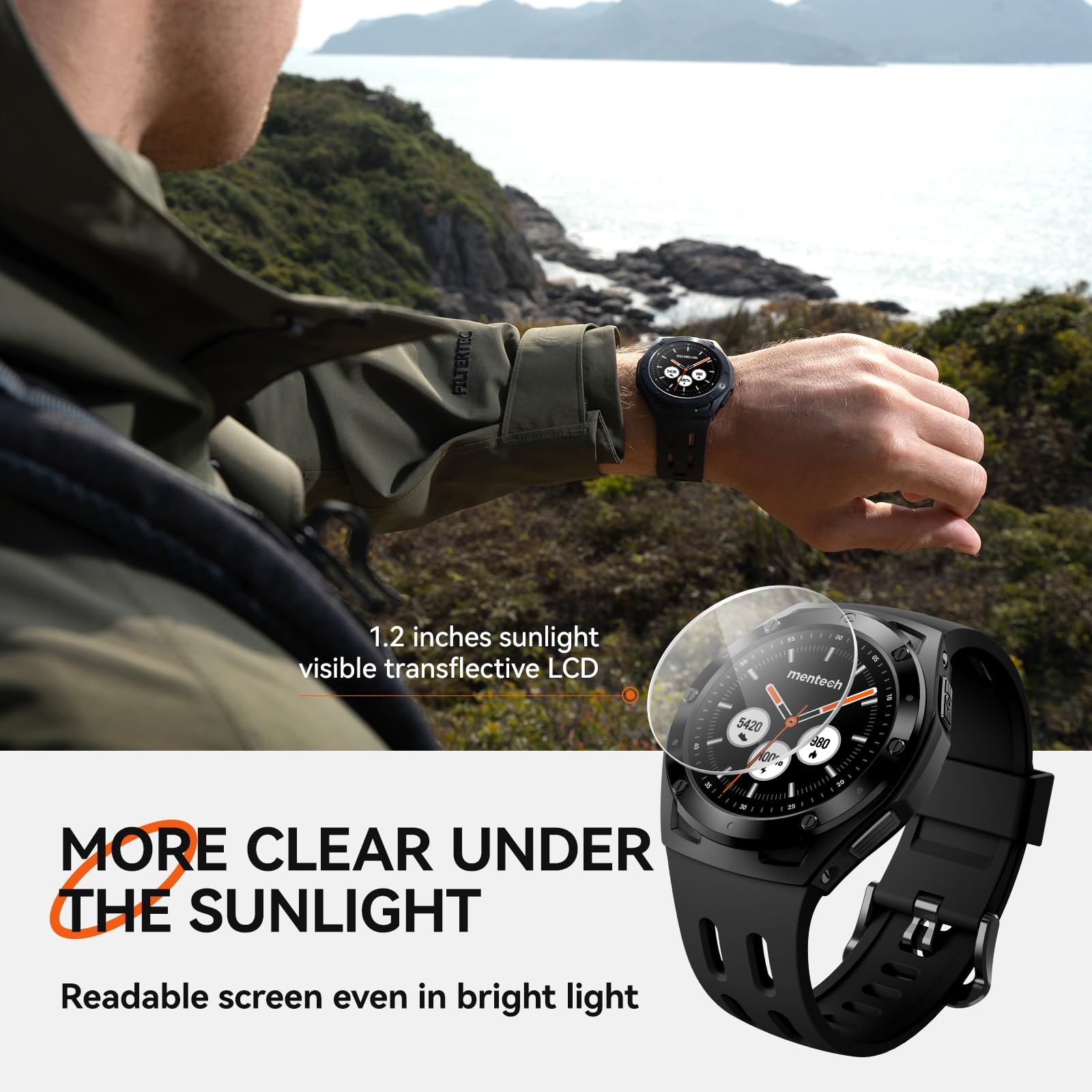 Mentech Xe1 Smartwatch, Lightweight Fitness Tracker with 1.2β Touch Screen, 110 Sport Modes, GPS, Sunlight-Visible, 5ATM Waterproof, 14-Day Battery Life, for Android and iOS Phones