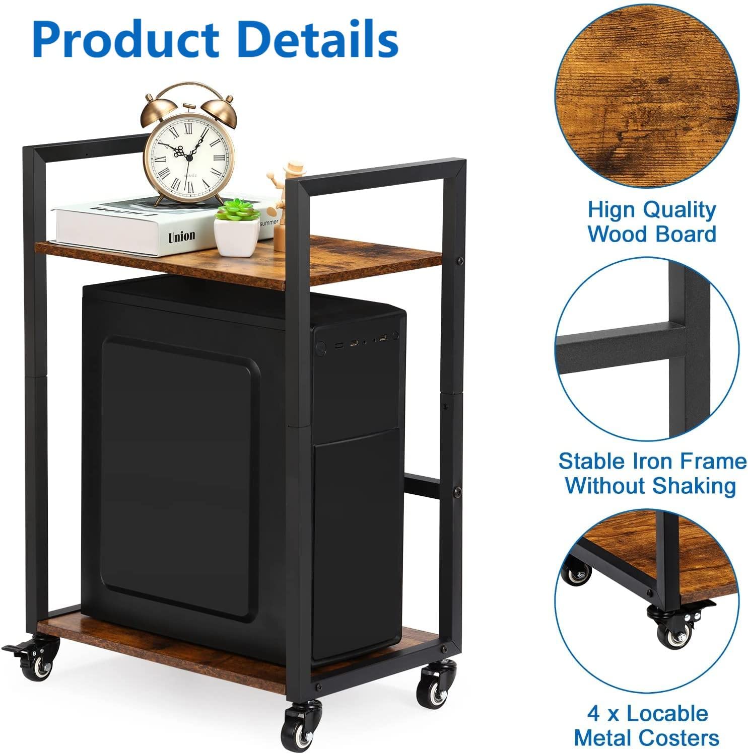 SEHERTIWY 2 Tier Computer Tower Stand, Brown CPU Holder Stand Cart with Rolling Caster Wheels, Mobile PC Tower Stand for Office Home Studio
