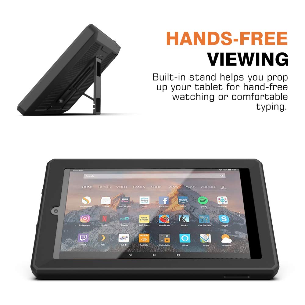 MoKo Case Fits Kindle Fire 7 Tablet (9th Generation, 2019 Release), Anti-Slip Dual-Layer Full Body Rugged Hands-Free Viewing Stand Back Cover with Screen Protector - Black