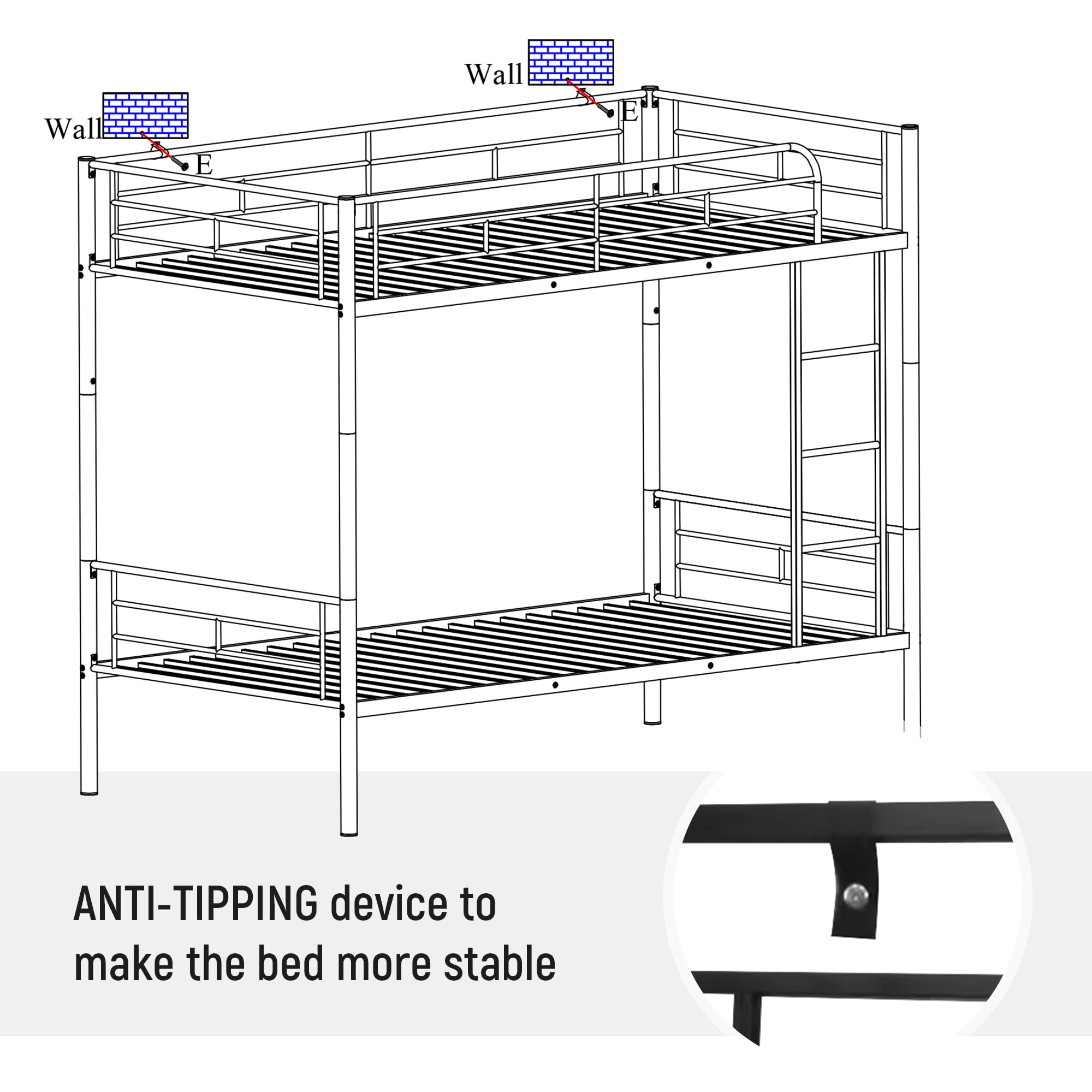 Merax Bunk Bed with Ladder and high Guardrail, Able to Split, Metal Bunk Bed, Storage Space, Noise Free,Twin Over Twin Size,Black