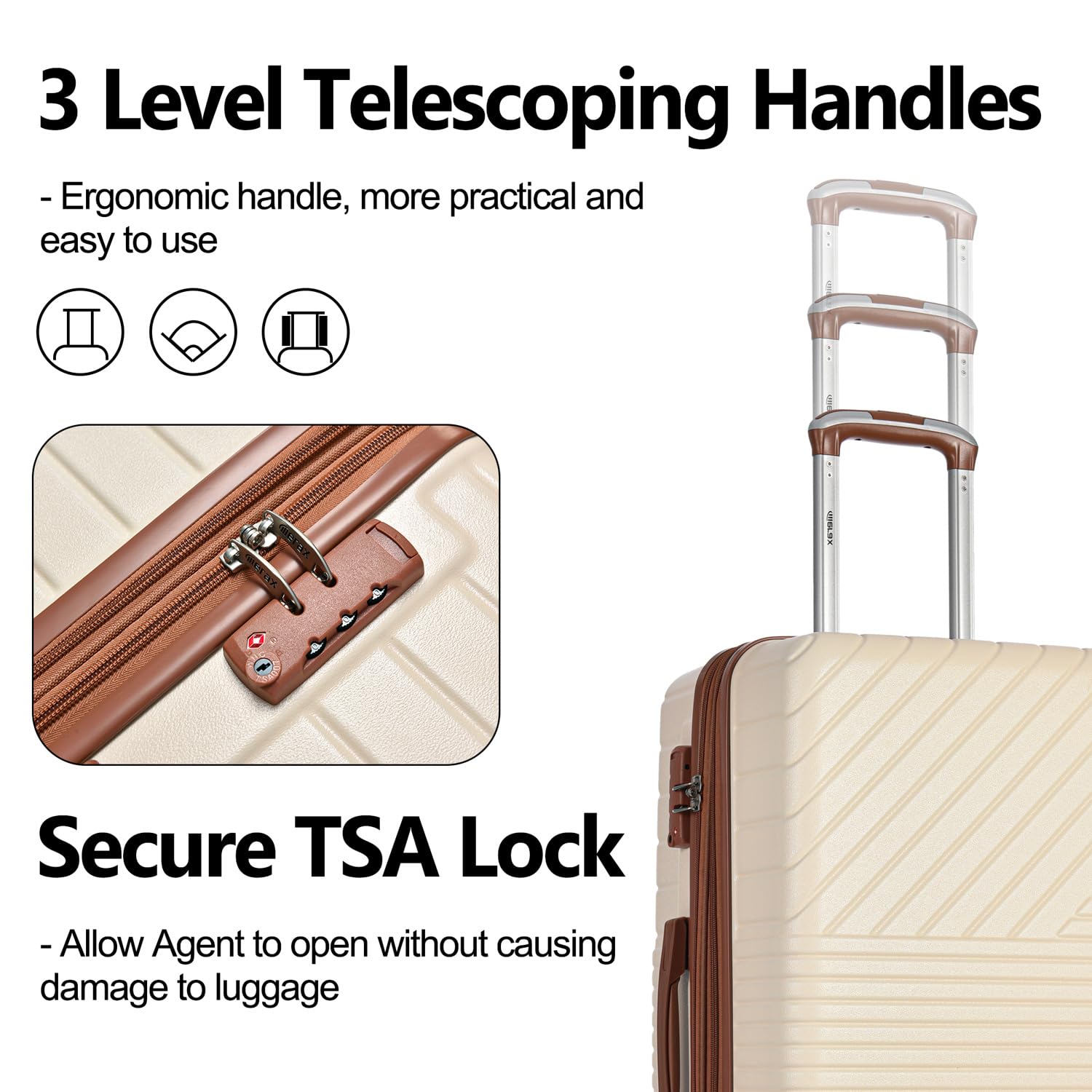 Merax Luggage Sets 3 Piece Suitcases Set ABS Expandable 8 Wheels Spinner Suitcase, TSA Lock Travel Luggage For Man And Women (Cream Brown)