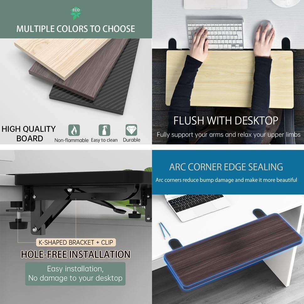 OUGIC Ergonomics Desk Extender Tray, 29.5"x9.5" Punch-Free Clamp on, Foldable Keyboard Drawer Tray, Table Mount Arm Wrist Rest Shelf, Computer Elbow Arm Support