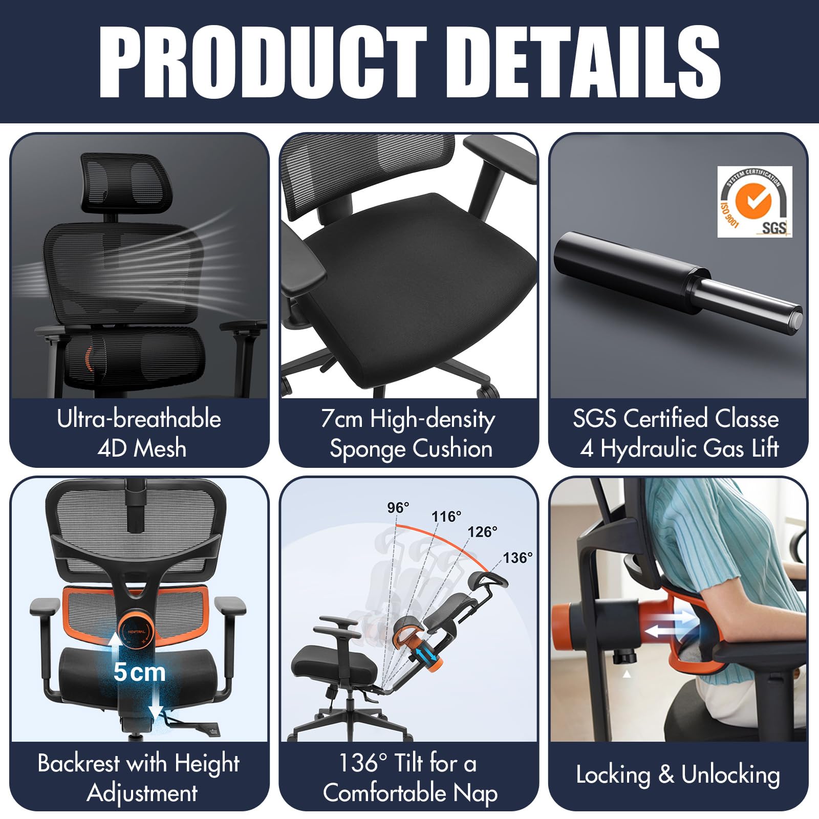 Newtral Ergonomic Office Chair, Computer Desk Chair, Reclining High Back Mesh Chair with Footrest, Unique Adjustable Lumbar Support Headrest, 4D Armrest Lumbar Support Backrest for Office Home Gaming