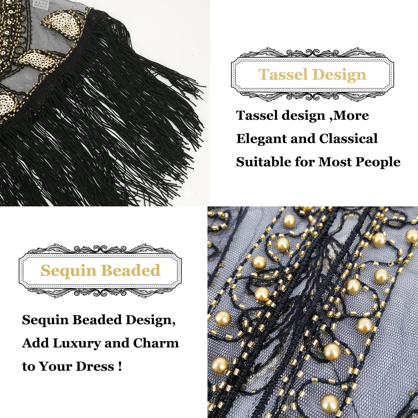 vimate 1920 Shawl Wraps for Evening Dresses, Flapper Retro Fringe Shawl for Women Gatsby (Style 1-Black & Gold