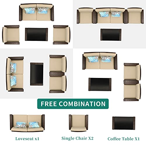 YITAHOME 5 Piece Patio Furniture Sets, All-Weather Outdoor Patio Conversation Set, PE Rattan Wicker Small Sectional Patio Sofa Set with Table, Brown